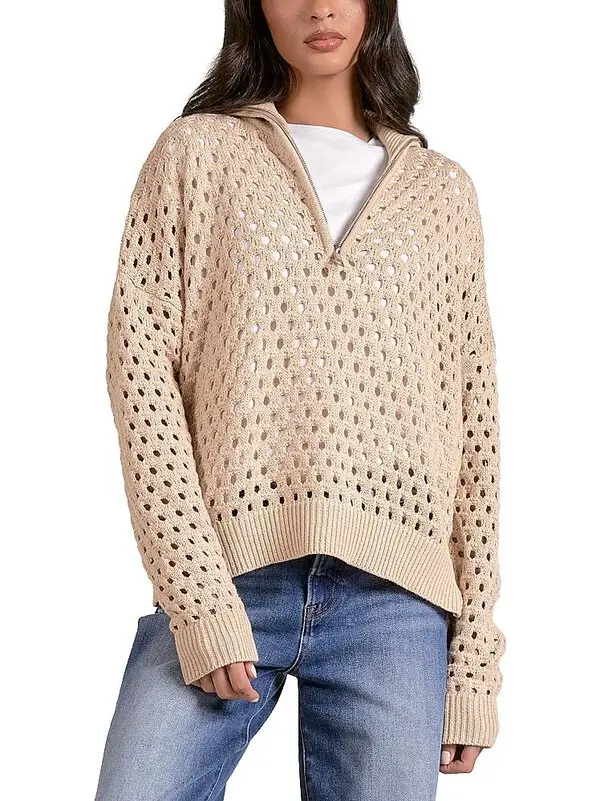 Elan Open Knit Half Zip Sweater - Oatmeal