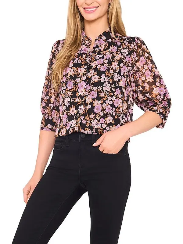 CECE DUPRAZ Printed Ruched Sleeve Top - Rich Black