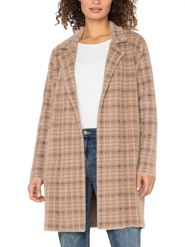 LIVERPOOL Open Front Plaid Sweater Coat - Camel Cream Plaid
