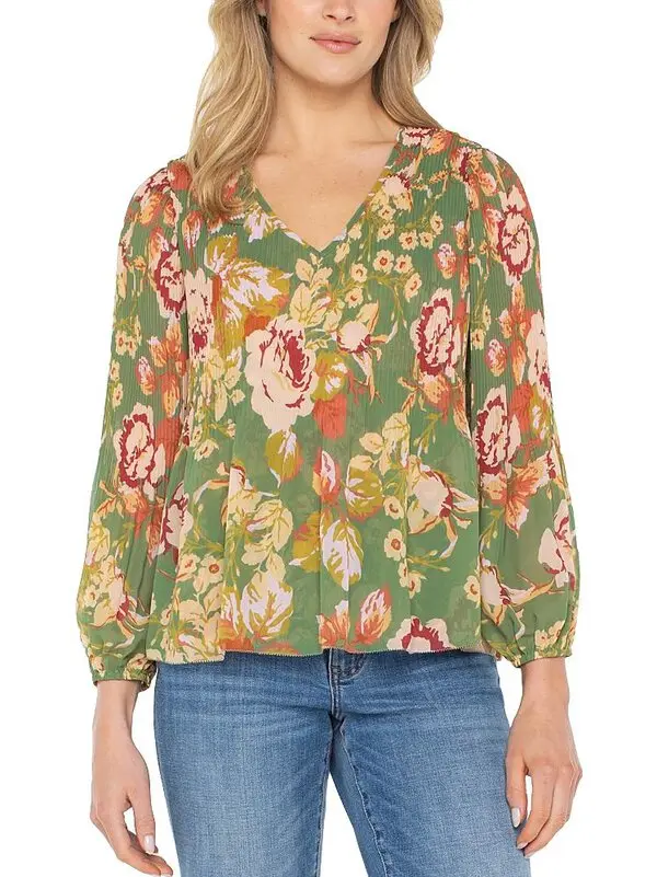LIVERPOOL Floral Print V-neck Top - Green Multi Floral