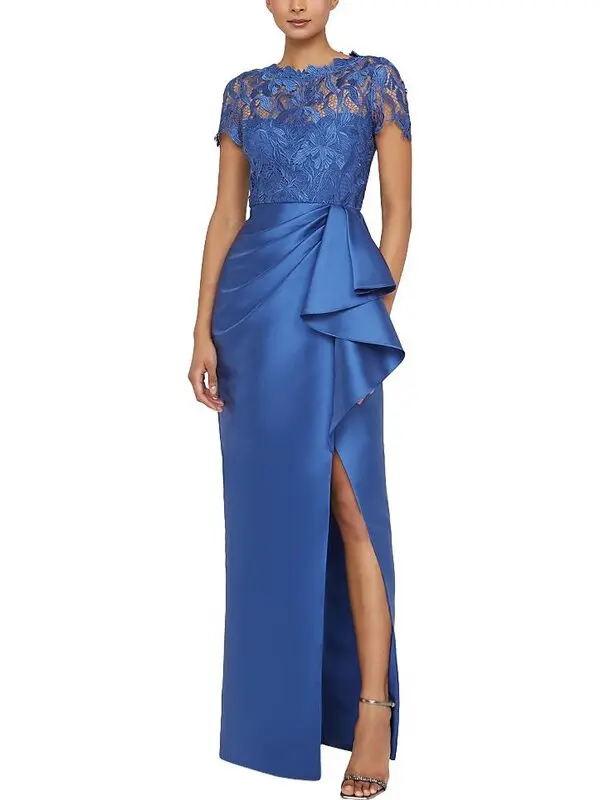 Theia Selena Draped Column Gown - Blue Mirage