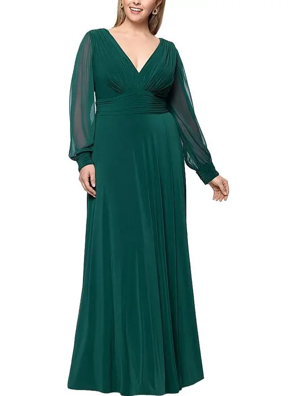Betsy & Adam Plus Chiffon Long Sleeve V Neck Gown - Forest