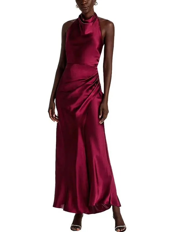 Aqua Draped Halter Gown - Burgundy