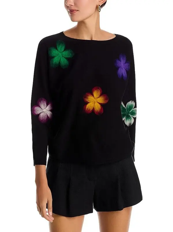 SIONI Floral Embroidered Dolman Sleeve Sweater - Black