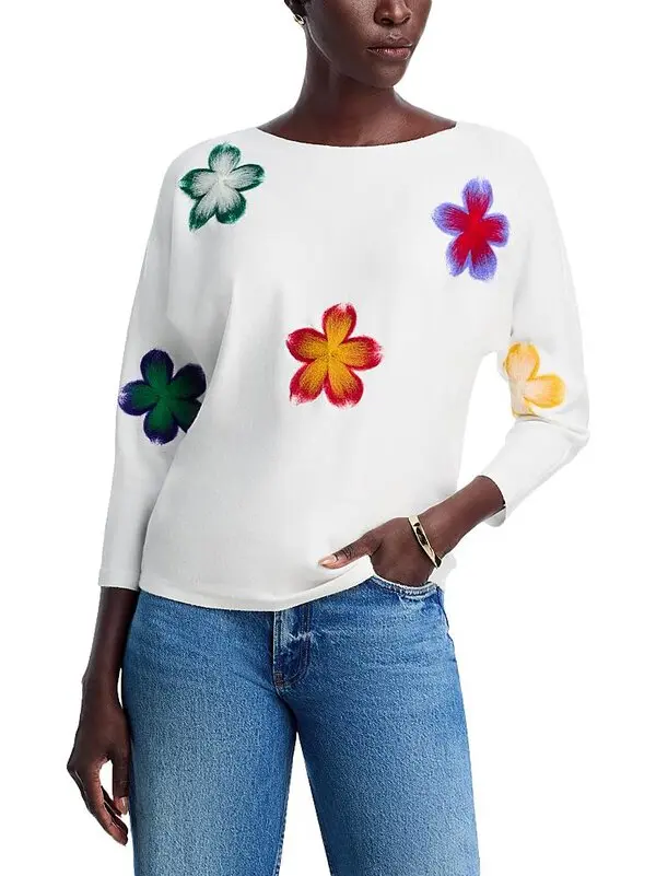 SIONI Floral Embroidered Dolman Sleeve Sweater - Eggshell