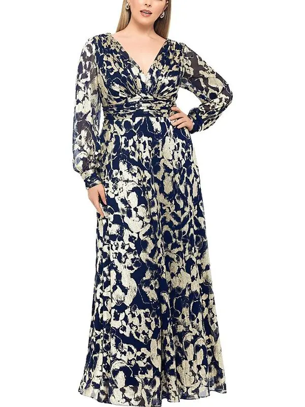 Betsy & Adam Plus Foil Printed Mesh Gown - Navy/gold