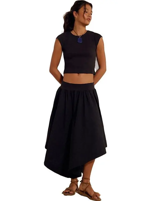 Free People Cropped Ribbed Baby Tee And Midi Skirt Set - Black