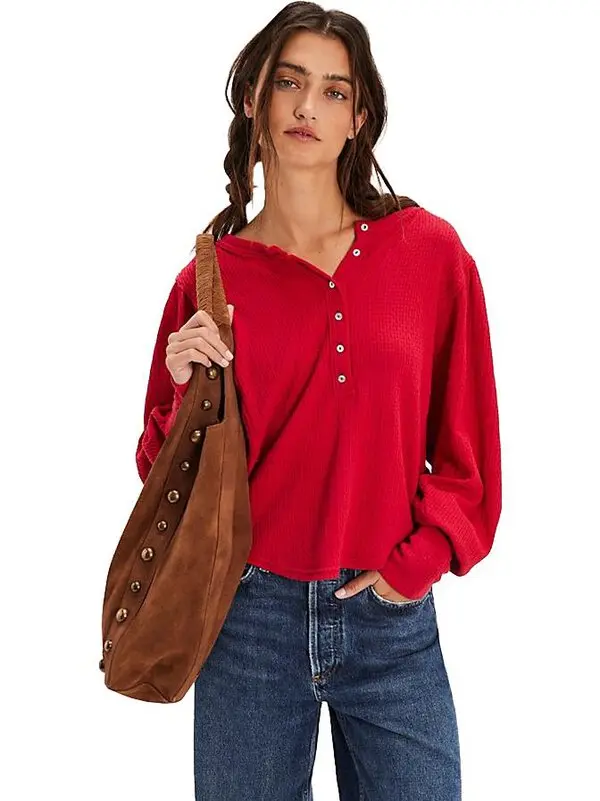 Free People Knit Henley With Dolman Sleeves - Salsa