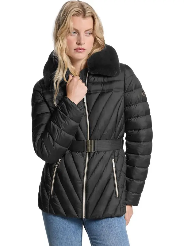 Michael Kors Faux Fur Trim Packable Quilted Nylon Puffer Jacket - Black