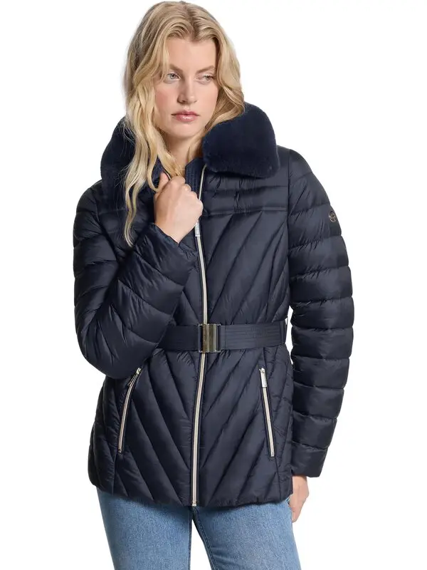 Michael Kors Faux Fur Trim Packable Quilted Nylon Puffer Jacket - Blue