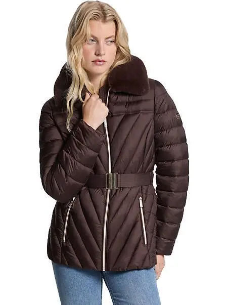 Michael Kors Faux Fur Trim Packable Puffer Jacket - Brown