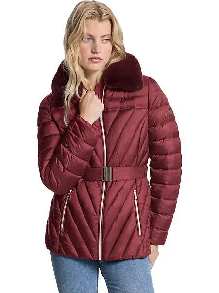 Michael Kors Faux Fur Trim Packable Puffer Jacket - Red