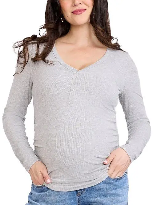 Motherhood Maternity V-neck Long Sleeve Henley Tee - Heather Grey
