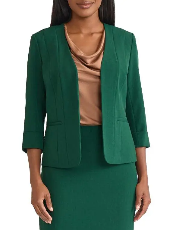 KASPER Three-quarter Sleeve Open Front Blazer - Evergreen