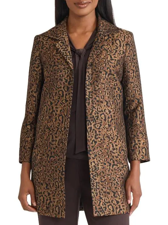 KASPER Leopard Jacquard Swing Jacket - Dark Camel Multi