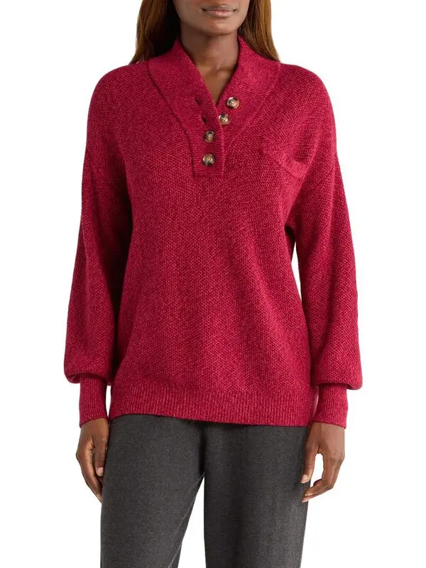 Lunya Cozy Cottonsilk™ Pocket Henley Sweater - Imperial Garnet Marl