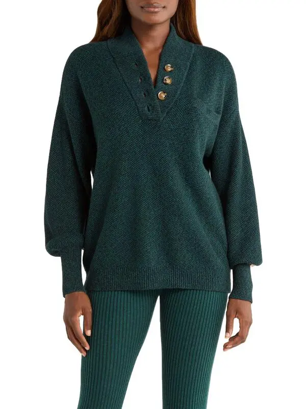 Lunya Cozy Cottonsilk™ Pocket Henley Sweater - Towering Pine Marl