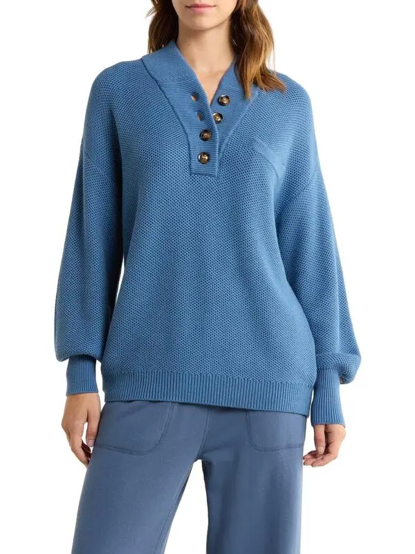 Lunya Cozy Cottonsilk™ Pocket Henley Sweater - Twlt Blue