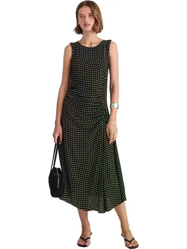 Madewell Asymmetrical Ruched Midi Dress - Linear Dots Jet Black