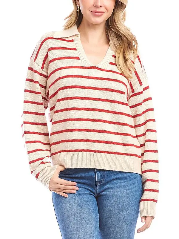 Karen Kane Striped Polo Sweater - Ecru/ Tomato