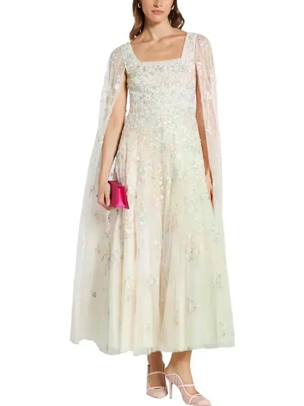 NEEDLE & THREAD Embroidered Cape Dress - White