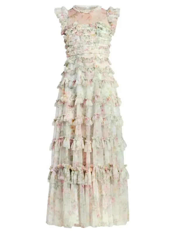 NEEDLE & THREAD Floral-print Tiered Ruffle Dress - White