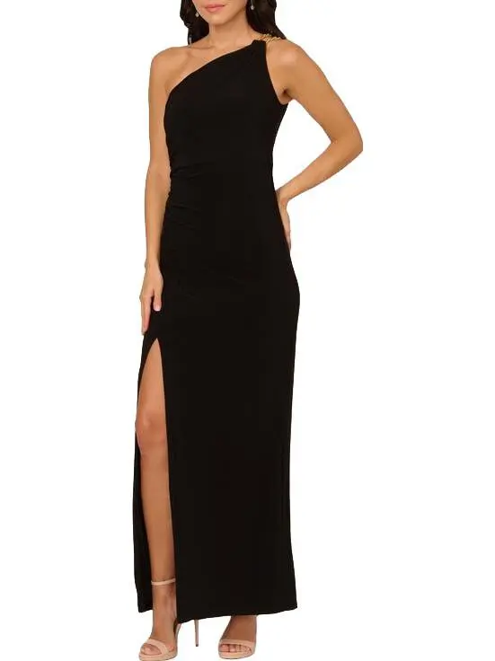 Adrianna Papell One-shoulder Chain-strap Jersey Column Gown - Black