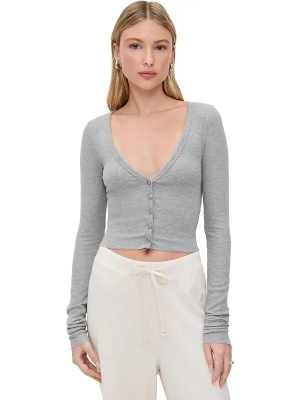 Eterne Cropped Ribbed Knit Cardigan - Heather Grey