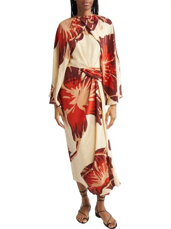 Johanna Ortiz Odyssey Floral Print Dress With Removable Cape - Ecru/wine/red/pink