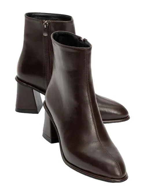 PROLOGUE SHOES Maura Block Heel Boots - Brown Faux Leather