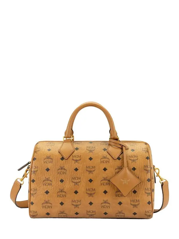 Mcm Medium Ella Boston Bag In Visetos - Cognac