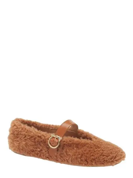 FERRAGAMO Gancio Genuine Shearling Ballet Flats - Merinillo Carino Cedar