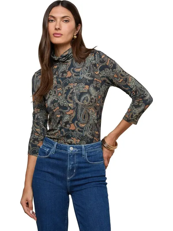 L'Agence Aja Etched Paisley Turtleneck - Midnight Multi Etched Paisley