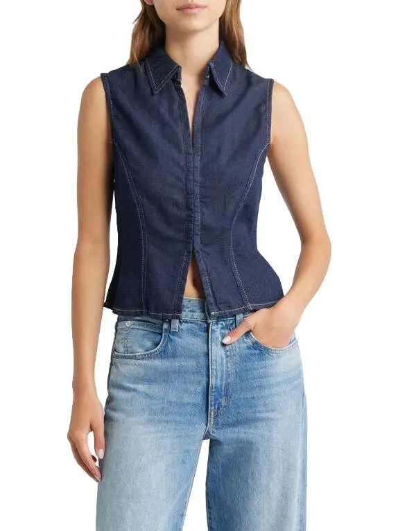 Mango Maria Collared Cotton & Linen Denim Top - Open Blue