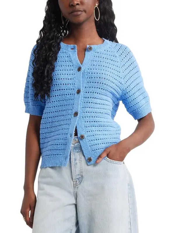 Treasure & Bond Open Stitch Short Sleeve Cotton Cardigan - Blue Provence