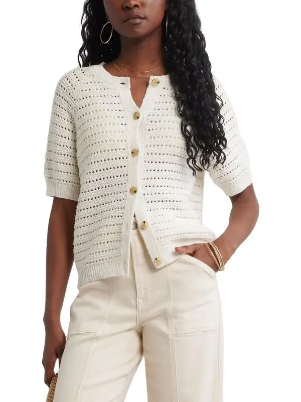 Treasure & Bond Open Stitch Short Sleeve Cotton Cardigan - Ivory Egret