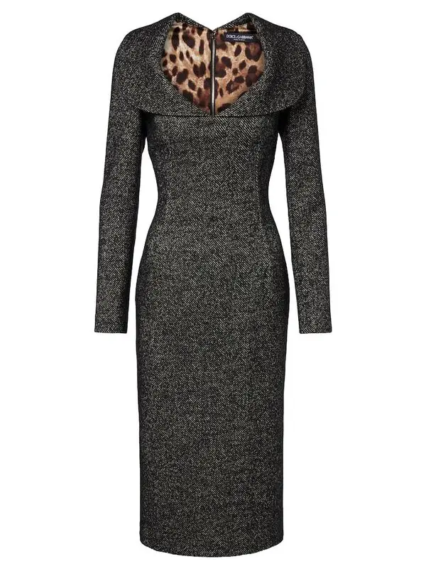 Dolce & Gabbana Herringbone Wool-blend Tweed Midi Dress - Black
