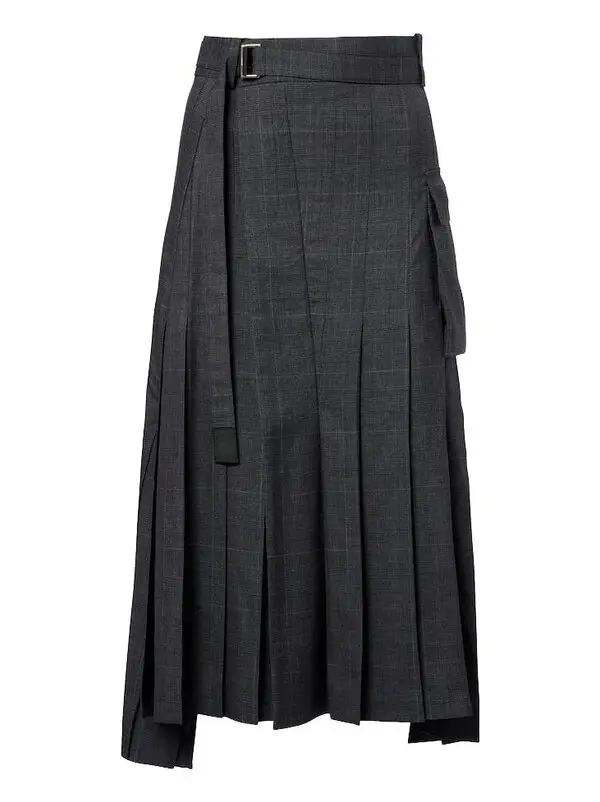 Sacai Prince Of Wales Check Wool Midi Skirt - Grey