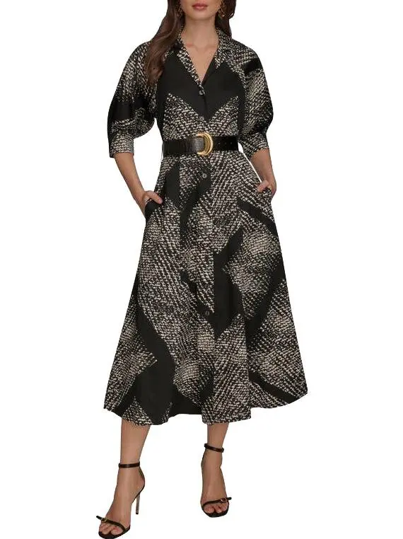 Donna Karan New York Abstract Houndstooth Check Belted Midi Shirtdress - Blk Cream