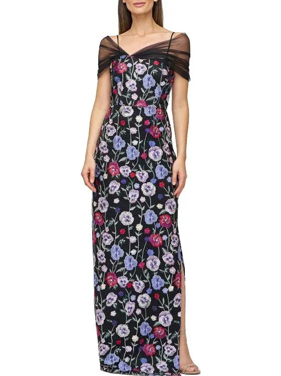 Js Collections Floral Embroidered Mesh Sleeve Gown - Black/multi