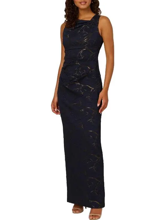 Adrianna Papell Gathered Sleeveless Jacquard Gown - Navy