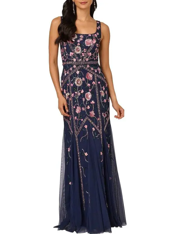 Adrianna Papell Beaded Floral Godet Gown - Navy/pink Multi