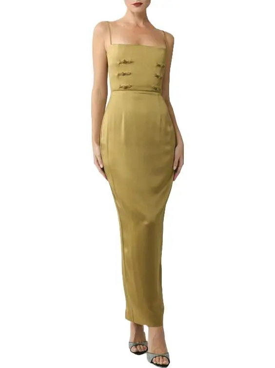 SAU LEE Taylor Knot Detail Satin Column Gown - Golden Olive