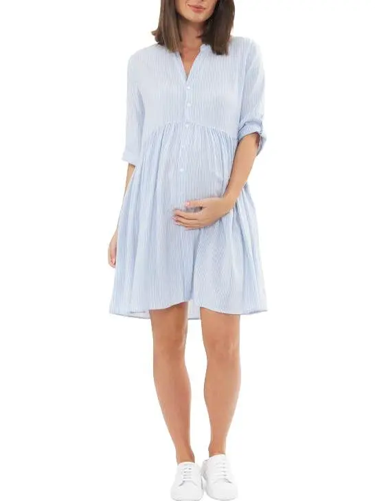 RIPE MATERNITY Stripe Shirt Dress - Sky Blue/white