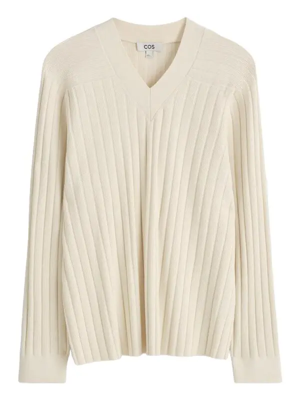 Cos Ribbed-knit V-neck Sweater - White