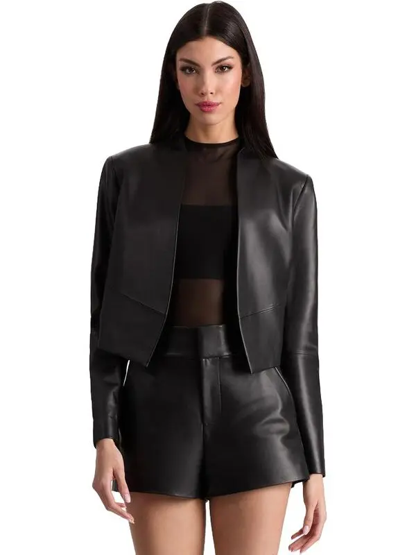 Alice + Olivia Leather Cropped Jacket - Black
