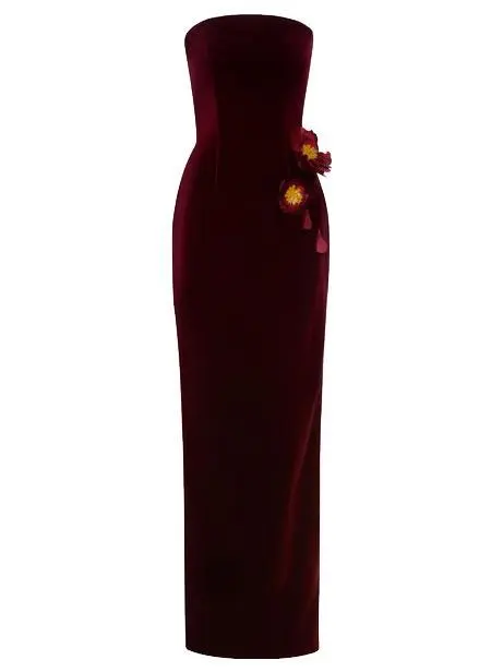 Oscar De La Renta Peony Appliqué Velvet Gown - Natural