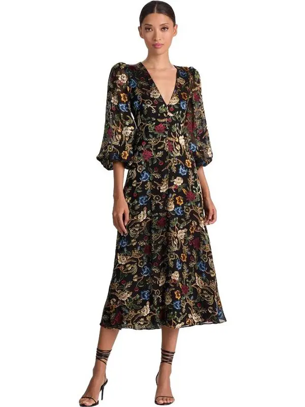 Alice + Olivia Mona Printed Midi Dress - Black