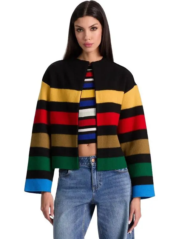 Alice + Olivia Pearson Striped Wool Sweater Jacket - Black / Floral / Multicolor