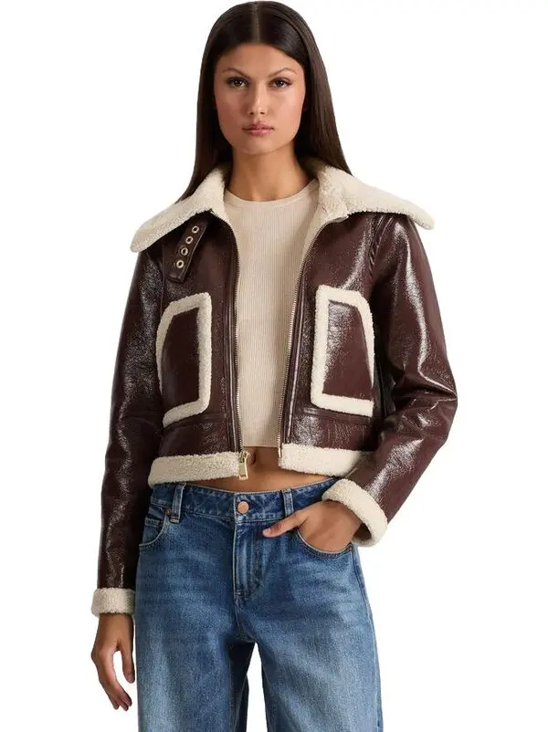 Alice + Olivia Isaiah Faux Shearling Aviator Jacket - Chocolate